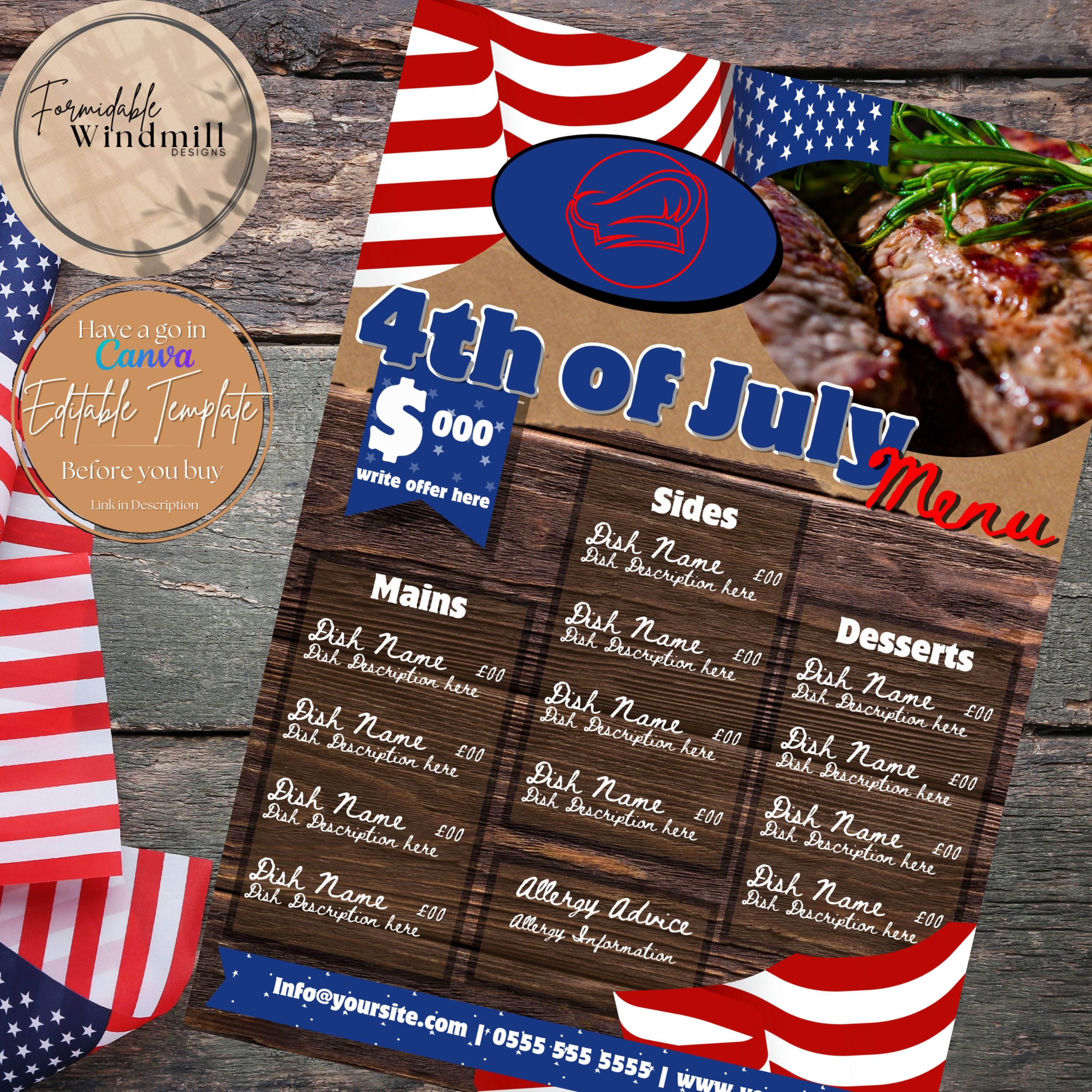 July 4th BBQ Menu Template for Food Business Editable Canva Template ...