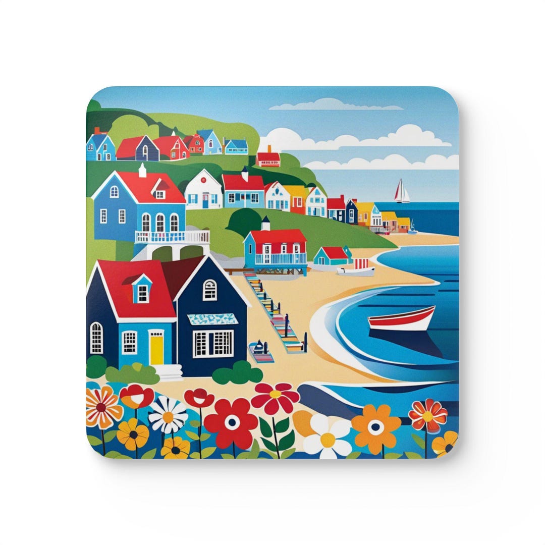 Coaster Set, Cute Coastal Town Design, Nautical Drinkware, Beach House ...