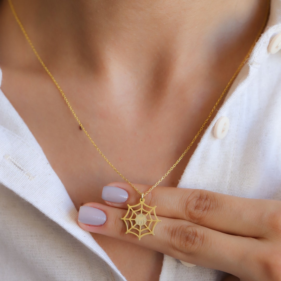 14K Gold Spider Web Necklace, Handmade Necklace,cobweb Necklace, Dainty ...