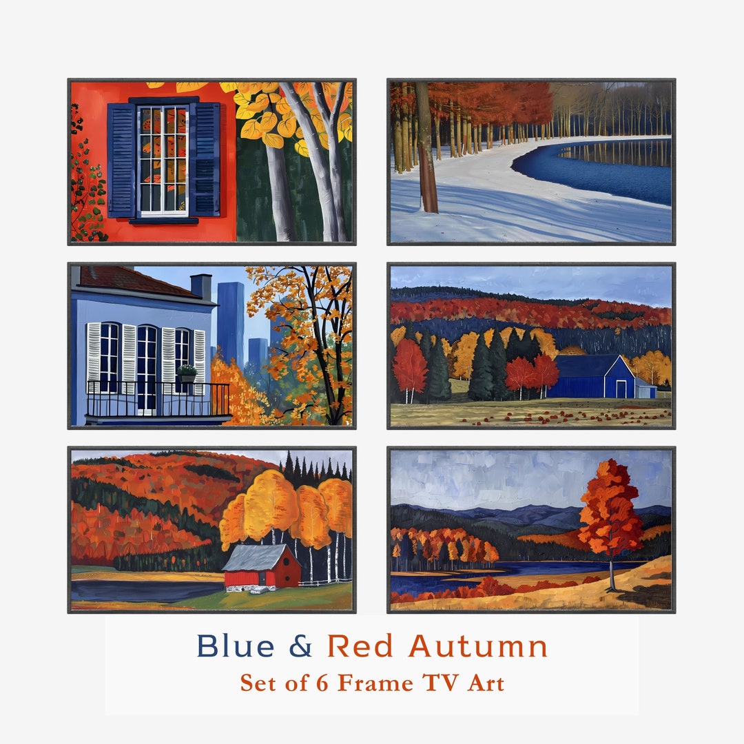 Blue & Red Autumn Frame TV Art Set of 6 Fall Leaves Countryside ...