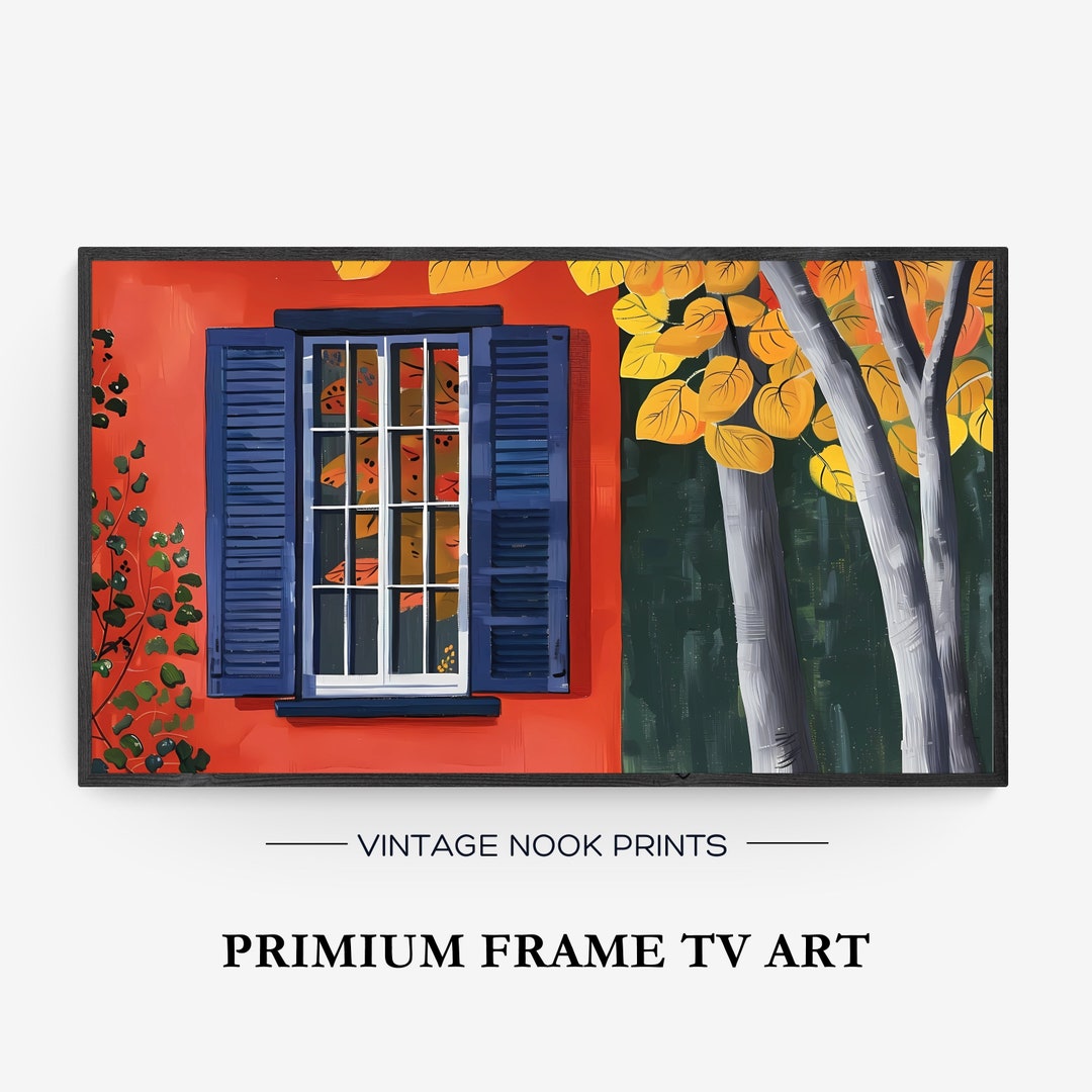 Frame TV Art Autumn Blue Parisian Shutters Fall Leaves Window Scene ...