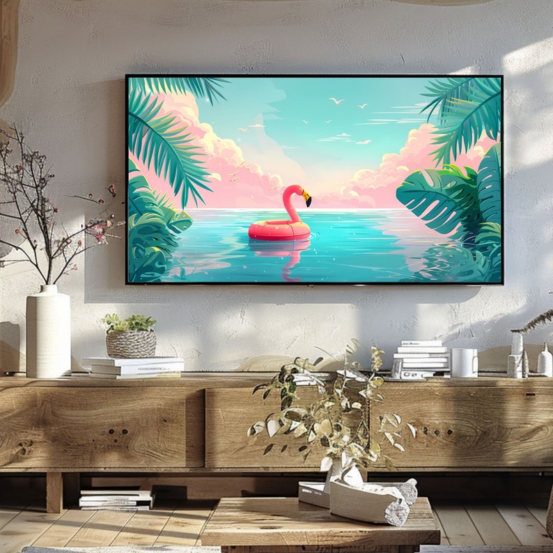 Summer Frame TV Art Pink Flamingo Summer Vacation Pool Ring Landscape ...