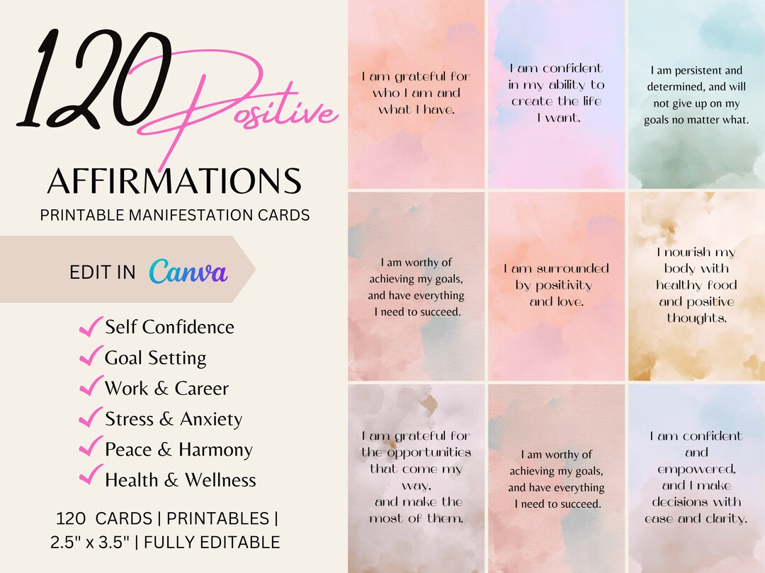 120 Positive Affirmation Card Deck, Editable Canva Cards, Selfcare ...