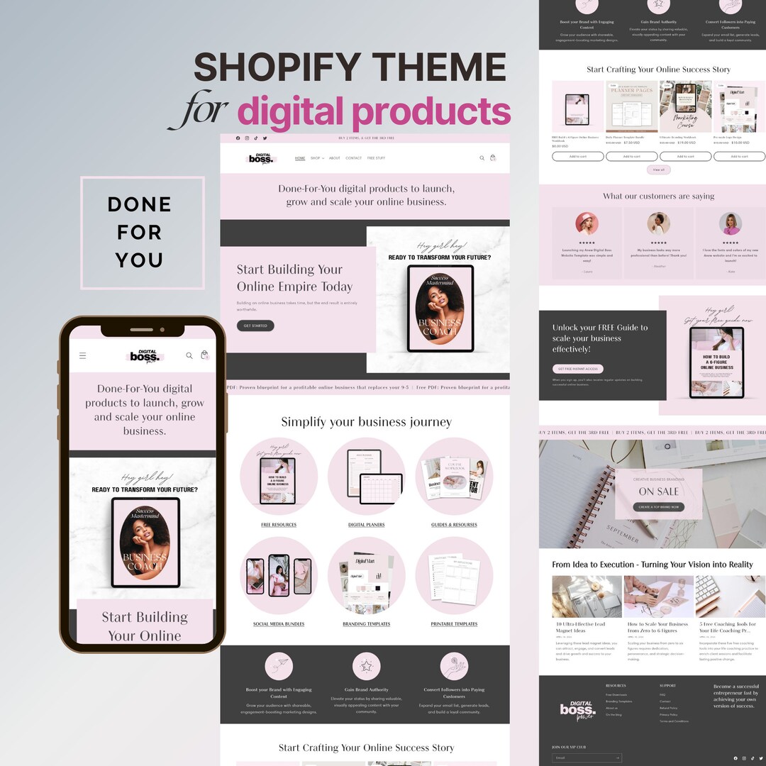 Pink Shopify Theme for Digital Products, Business Coach Website - Etsy