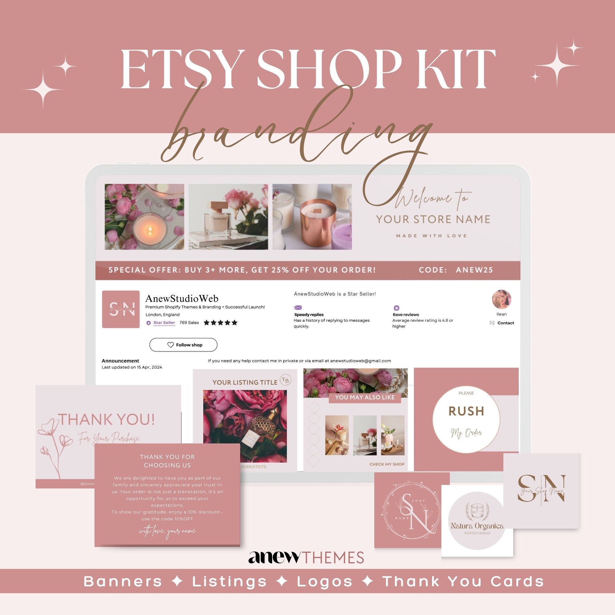 Pink Etsy Shop Banner Kit Branding Kit Bundle Etsy Store Editable Canva ...