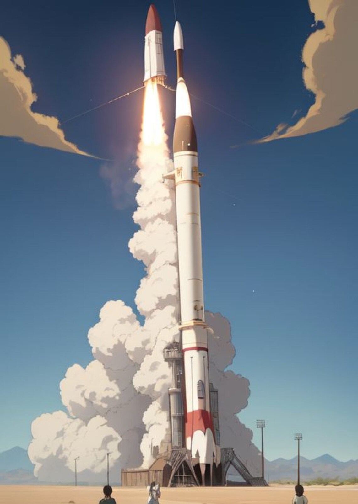 Futuristic Rocket Launch in the Desert in Studio Ghibli Style Postcard ...