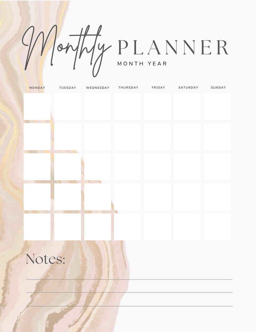 Monthly Planner Calendar Gold Marble Digital Editable Printable - Etsy