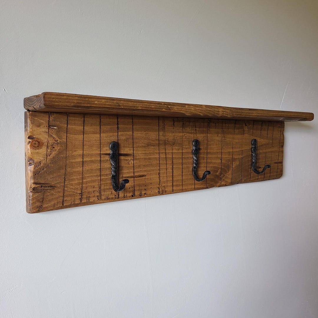 Farmhouse Hook Rack, Wrought Iron Twist Hooks, Rustic Wood, With ...