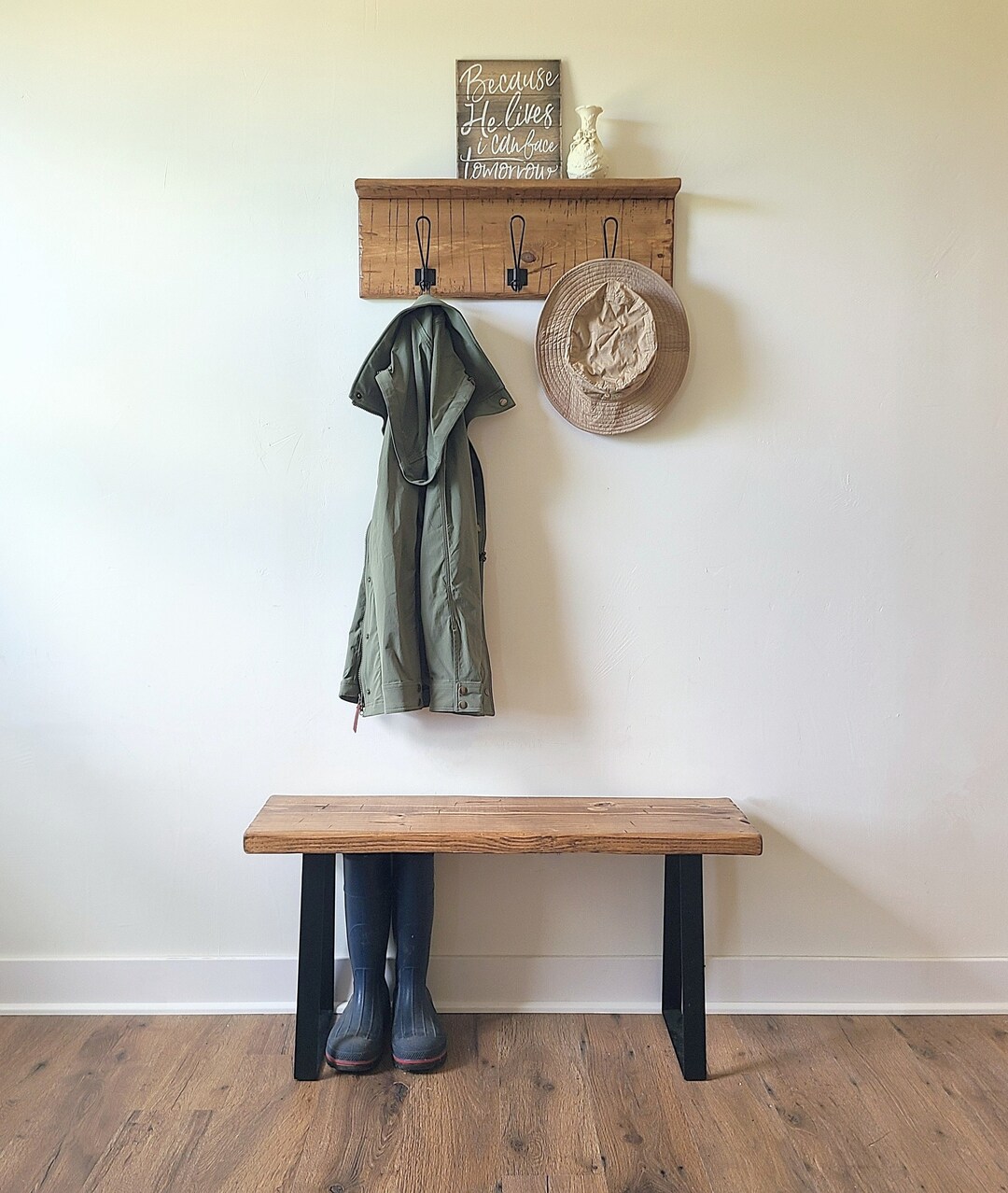 Farmhouse Hook Rack, Wire Hooks, Rustic Wood, With Decorative Shelf ...