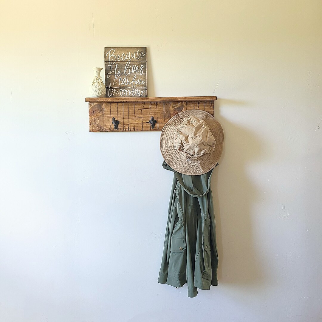 Farmhouse Hook Rack, Cast Antique Hooks, Rustic Wood, With Decorative ...