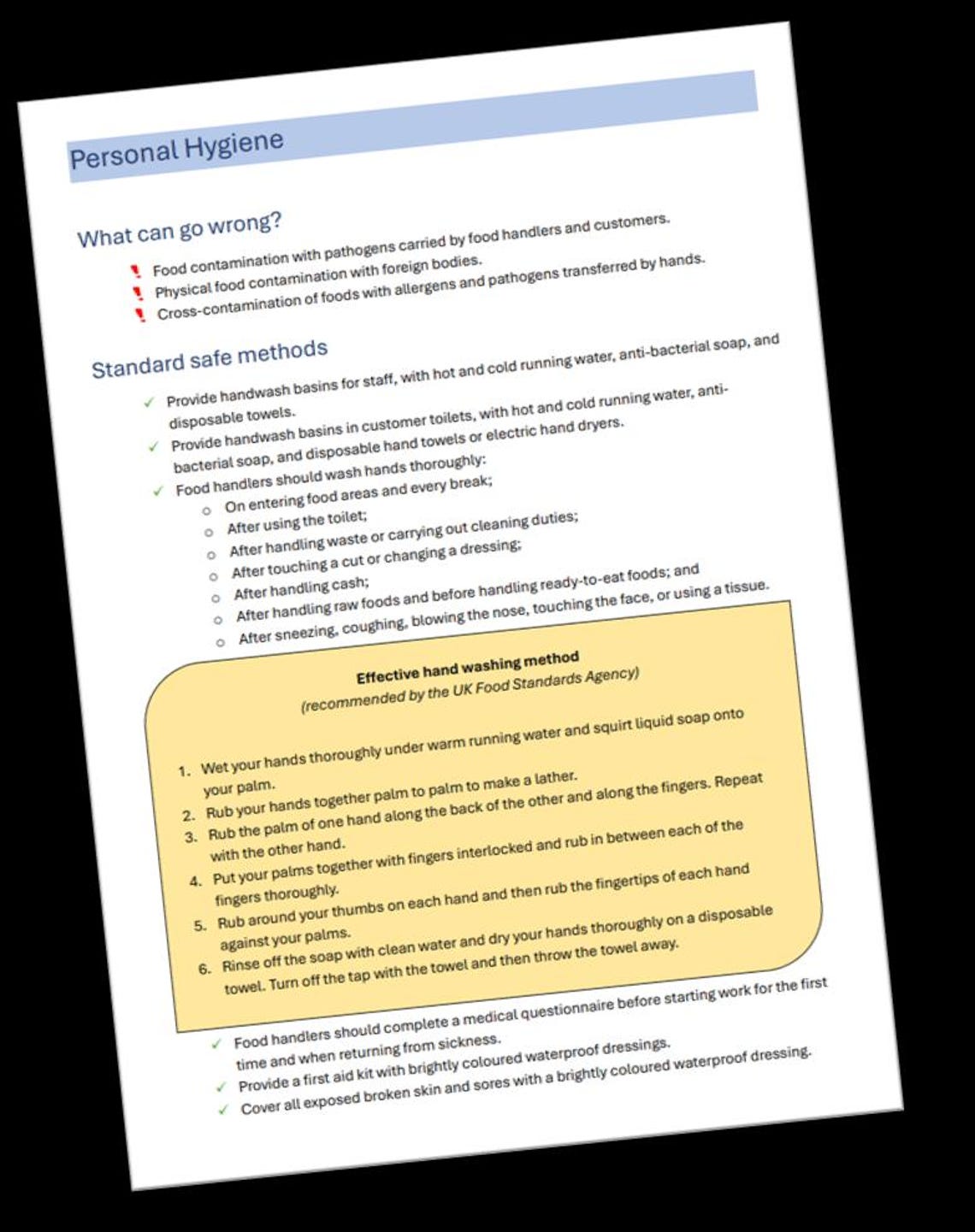 Personal Hygiene - HACCP Builder Staff Training Card for Hospitality ...