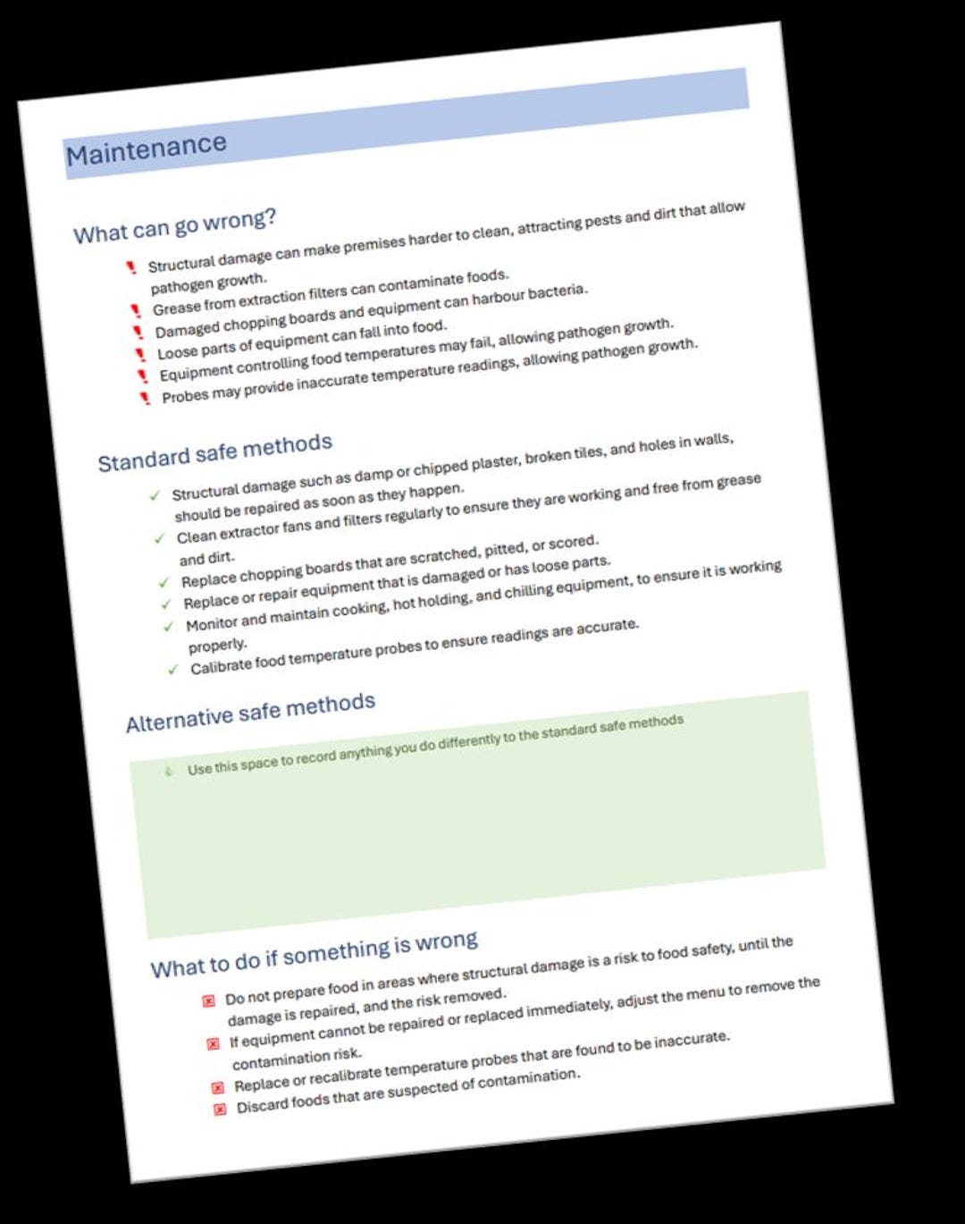 Maintenance - HACCP Builder Staff Training Card for Hospitality ...