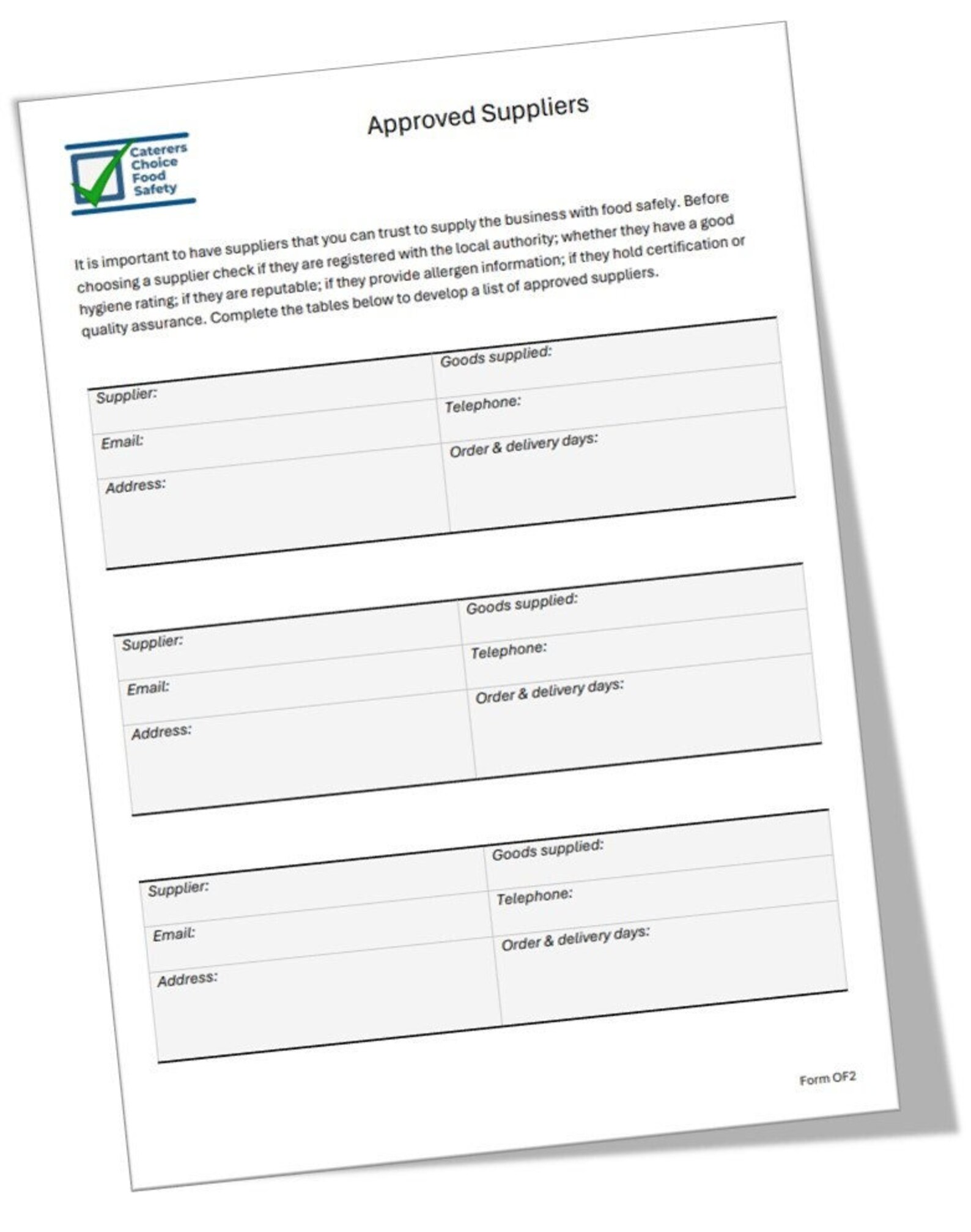 Approved Supplier Traceability Record, HACCP Form, Restaurant, Cafe ...
