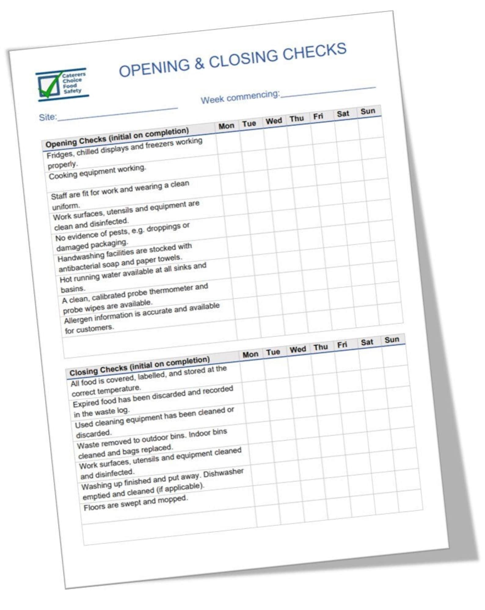 Kitchen Opening and Closing Checks, HACCP Form, Catering Check, Food ...