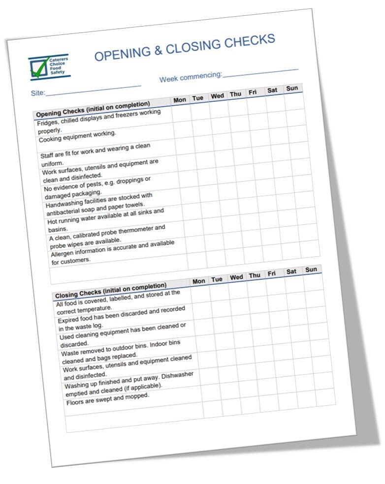 Kitchen Opening and Closing Checks, HACCP Form, Catering Check, Food ...