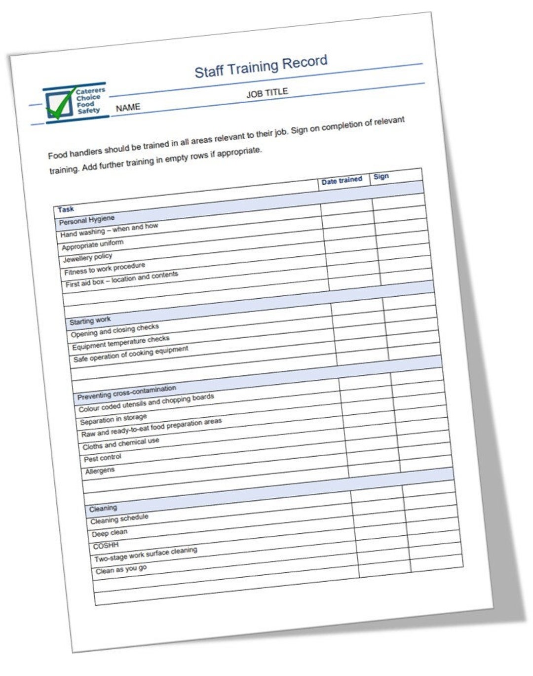 Catering Staff Training Record, HACCP Form, Restaurant, Cafe, Food ...