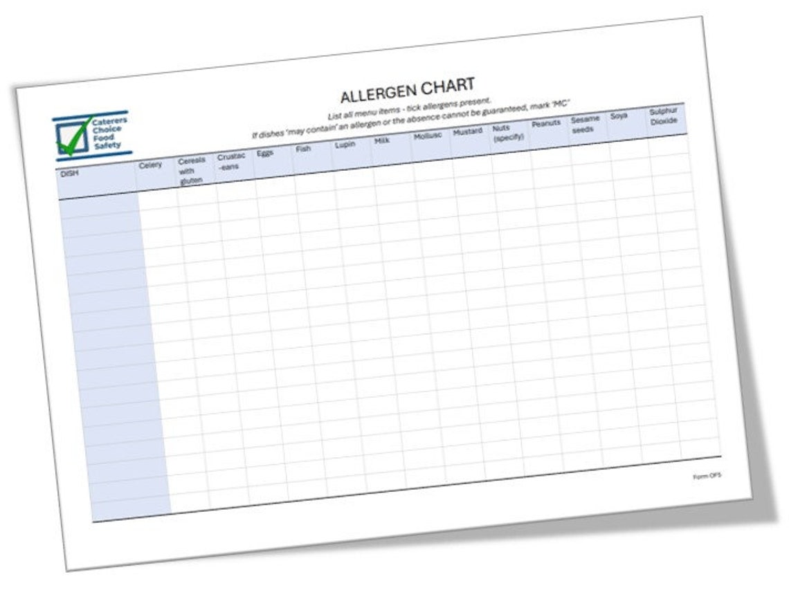 Allergen Chart, HACCP Form, Restaurant, Cafe, Food Safety, Food Hygiene ...
