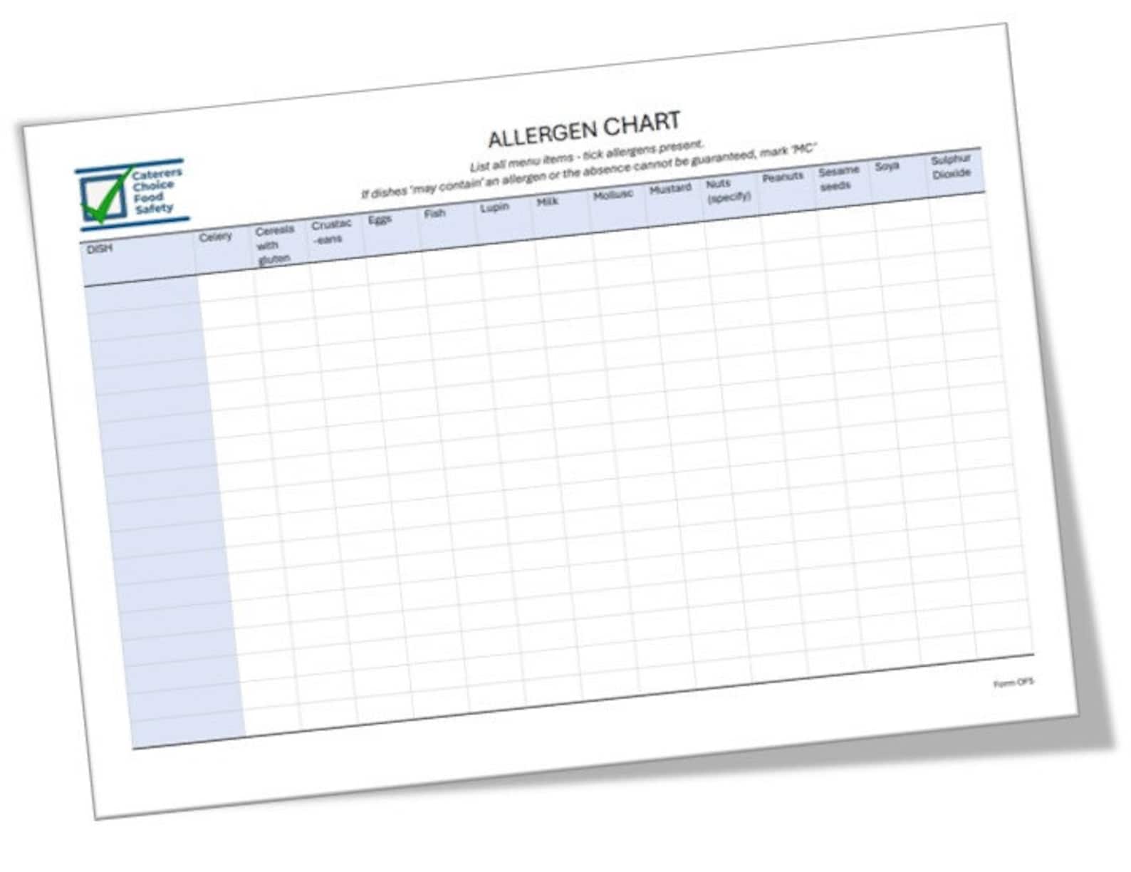 Allergen Chart, HACCP Form, Restaurant, Cafe, Food Safety, Food Hygiene ...