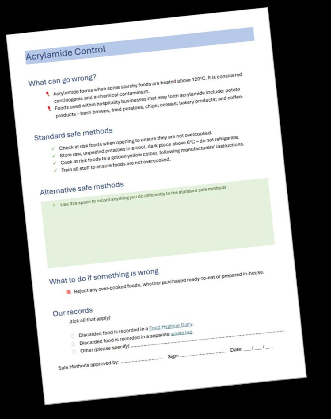 Acrylamide Control - HACCP Builder Staff Training Card for Hospitality ...