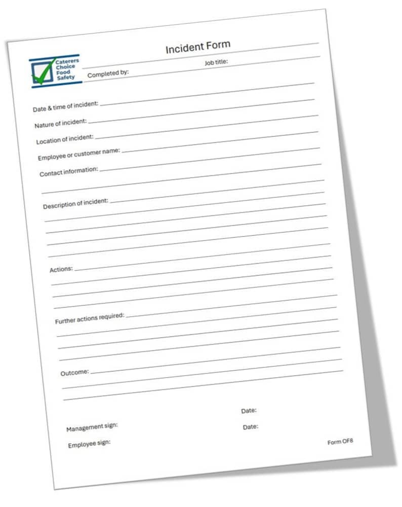 Incident Form, HACCP Form, Restaurant, Cafe, Food Safety, Food Hygiene ...