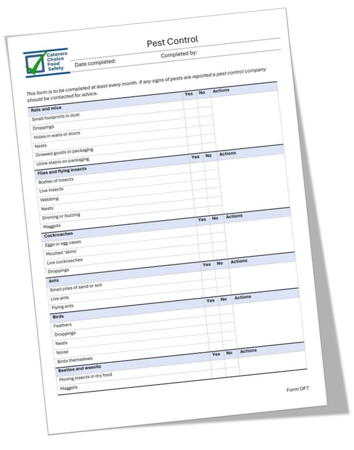 Pest Control Checklist, HACCP Form, Restaurant, Cafe, Food Safety, Food ...