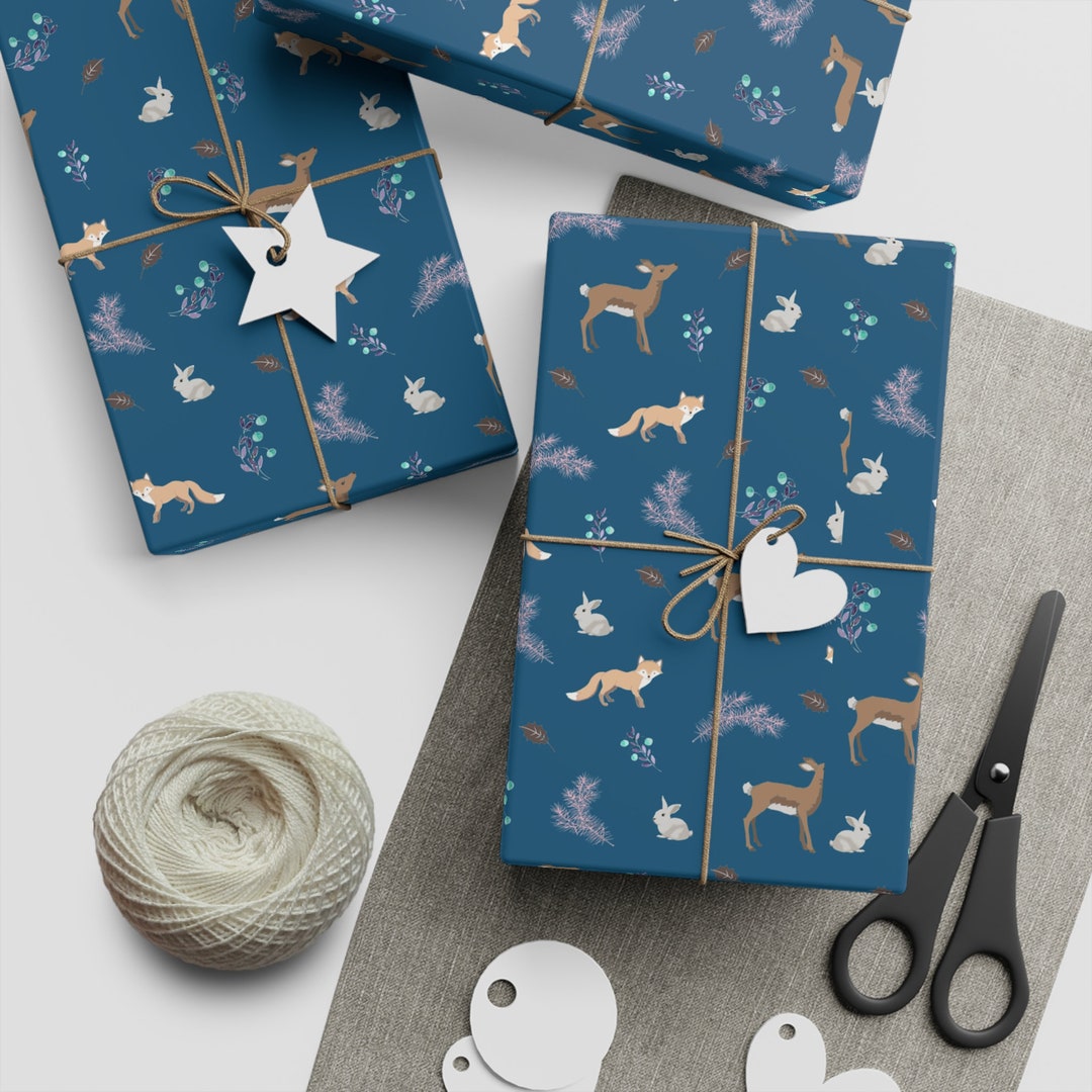 Woodland Animals Gift Wrap, Blue Wrapping Paper, Winter Holiday Gift ...