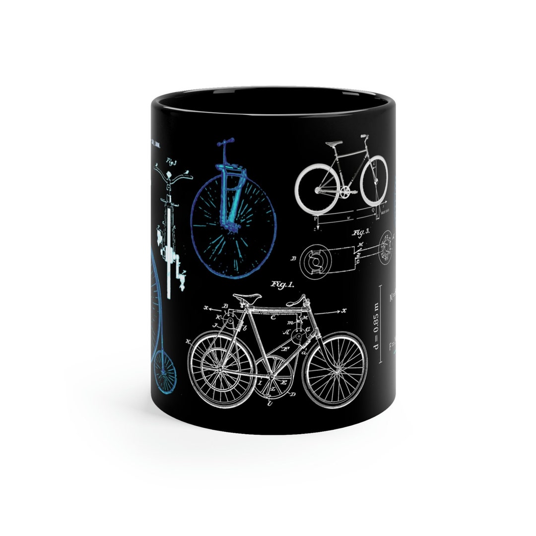 Bicycle Mug, Bike Gift, Physics of Cycling, Black Ceramic Mug, Vintage ...