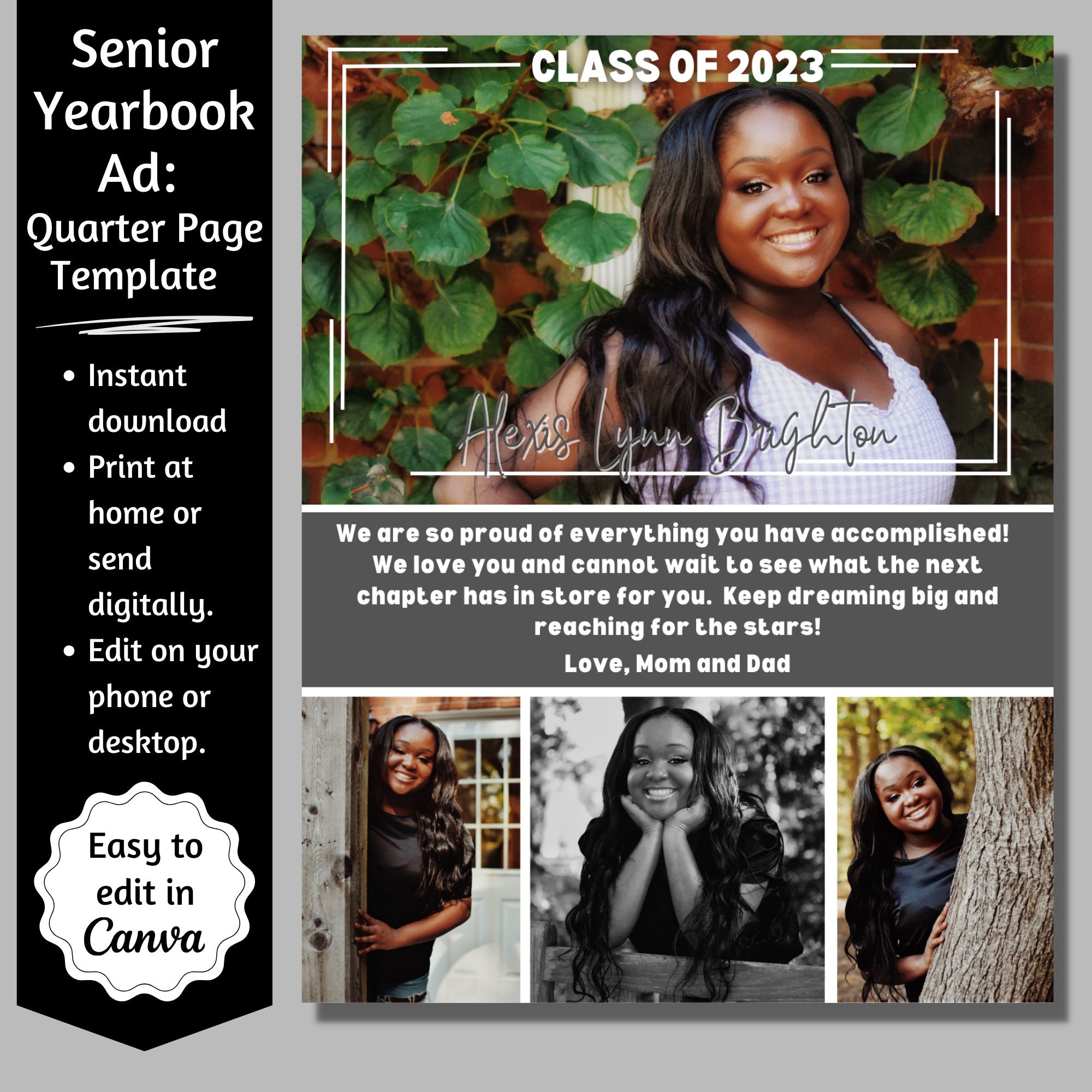 Senior Yearbook Ad Editable Canva Template: Quarter Page Tribute Design ...