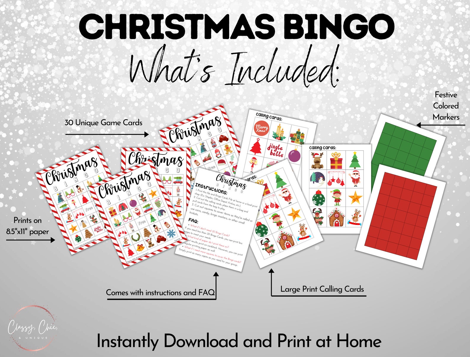 Christmas Bingo 30 Unique Bingo Cards Kids' Christmas - Etsy