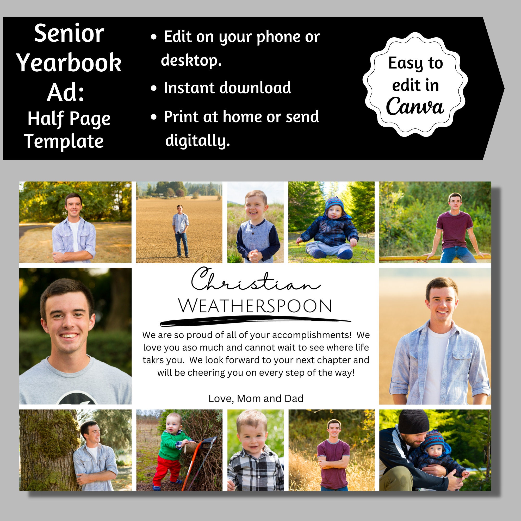 Editable Senior Yearbook Ad: Half Page Editable Canva Template (digital ...