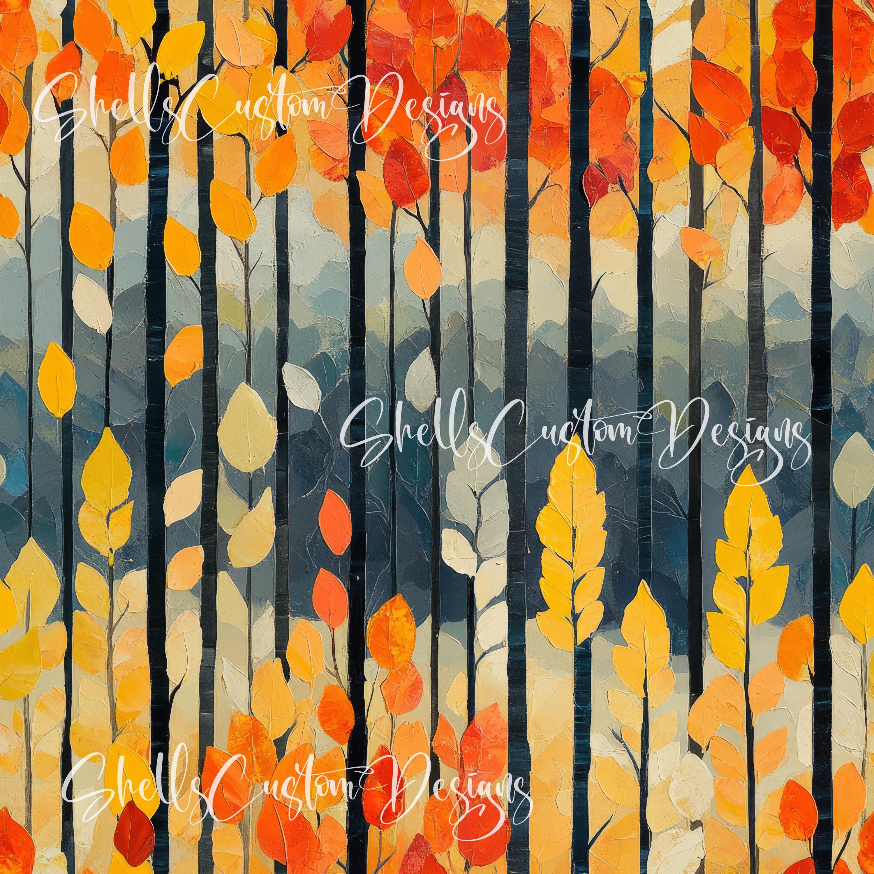 Pattern Vinyl Printed Vinyl Country Fall Birch Trees Oil Painting ...