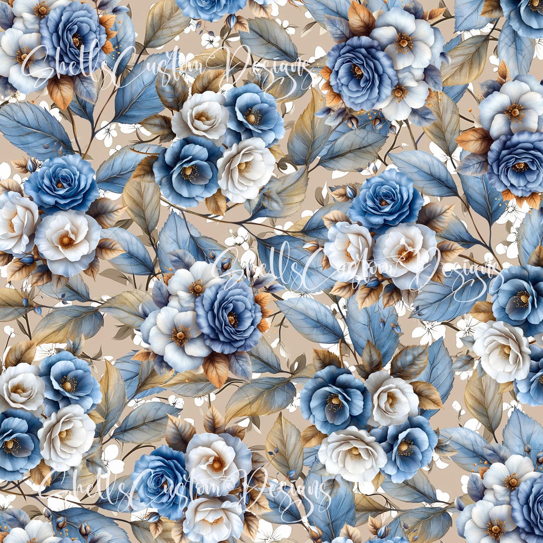 12x12 Printed Vinyl Floral Flowers Blue Winter Blooms Roses Cream - Etsy