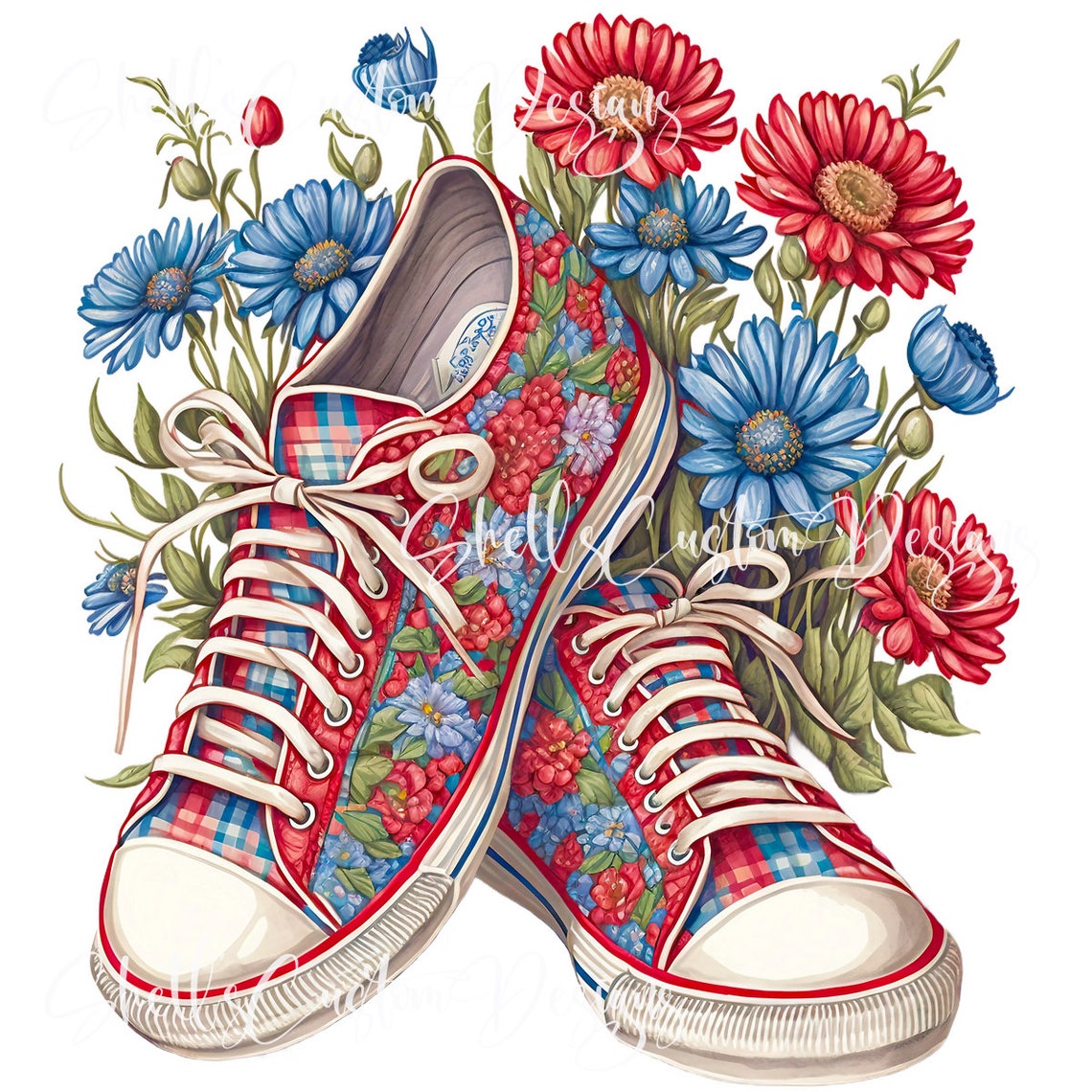 Clear Printed Decal Vinyl Floral Shoes Floral Kicks Red Blue Plaid - Etsy