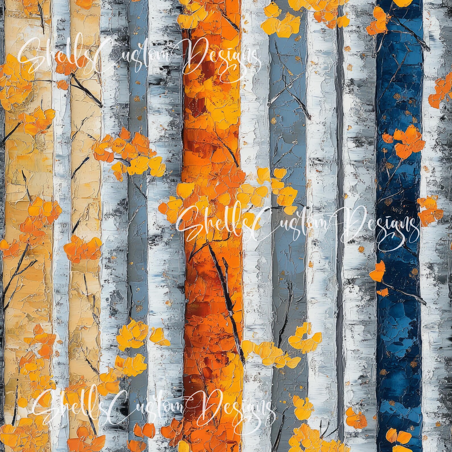 Pattern Vinyl Printed Vinyl Country Fall Birch Trees Oil Painting ...