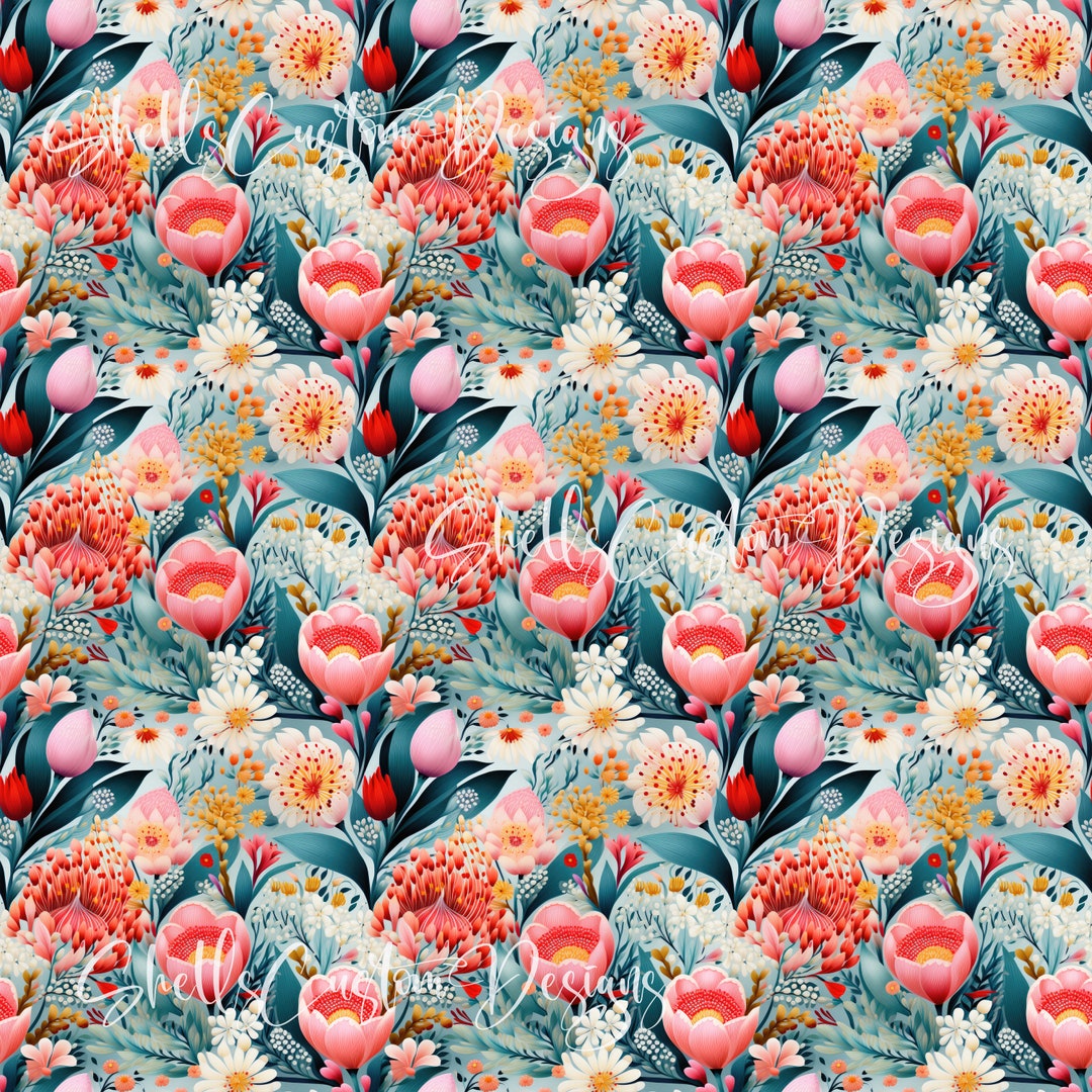 12 X 12 Printed Pattern Vinyl Coral Blue Pink Tulips Easter Spring - Etsy