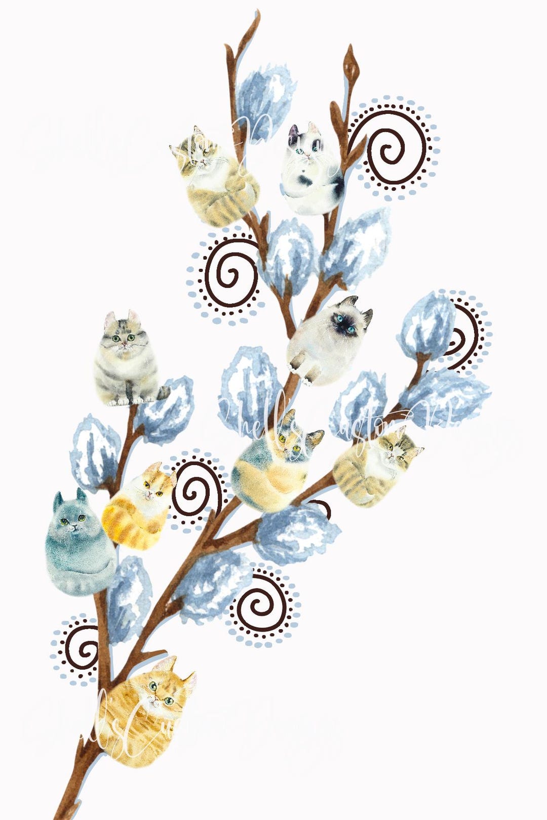 Printed Decal Pussy Willow Cats Vinyl Sticker Cat Willow Tree Brance ...