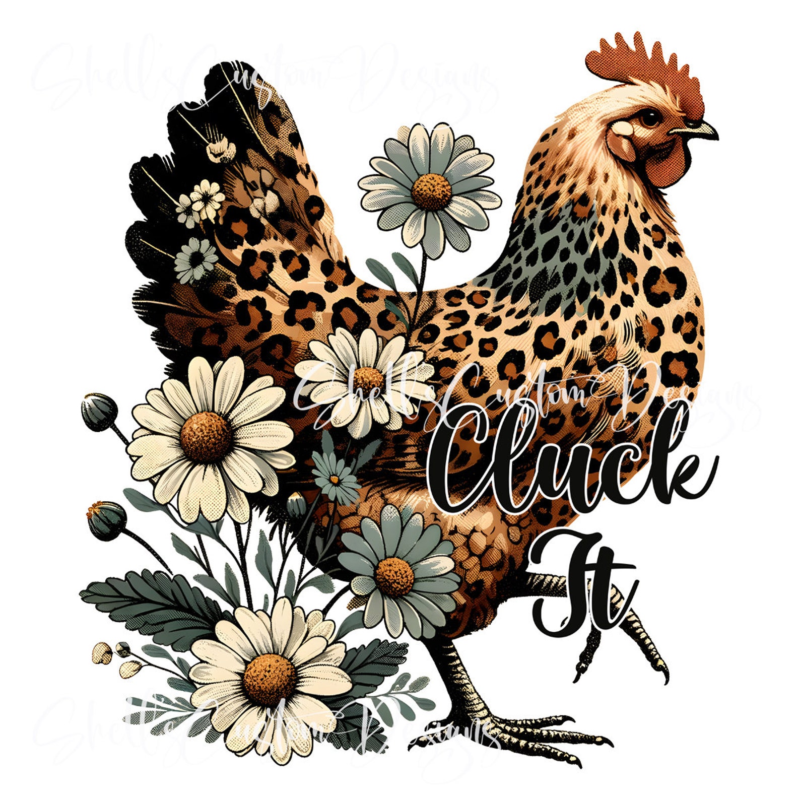 Printed Decal Cluck It Chicken Chickens Floral Flowers Daisies Cheetah ...