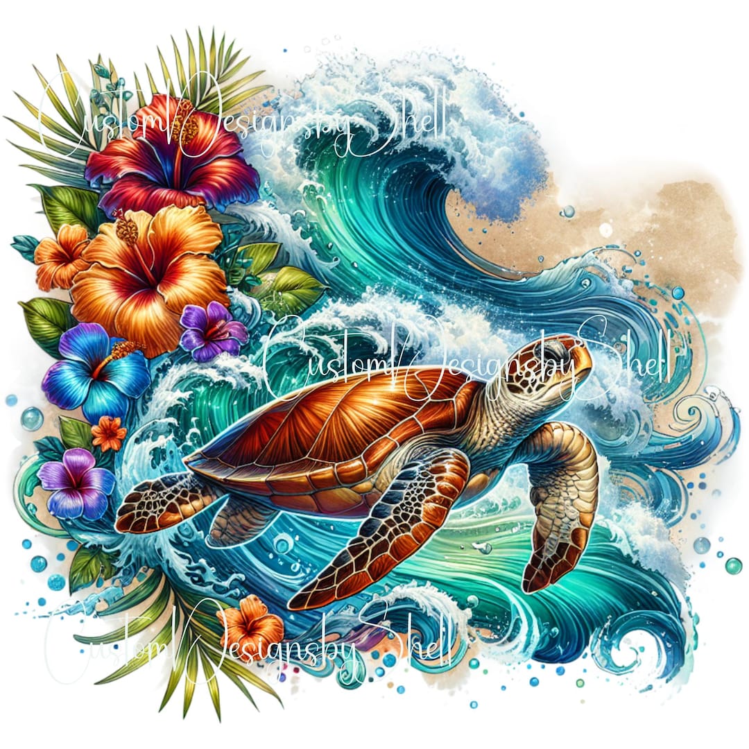 Printed Decal Sea Turtle Turtles Floral Flowers Tropical Waves - Etsy