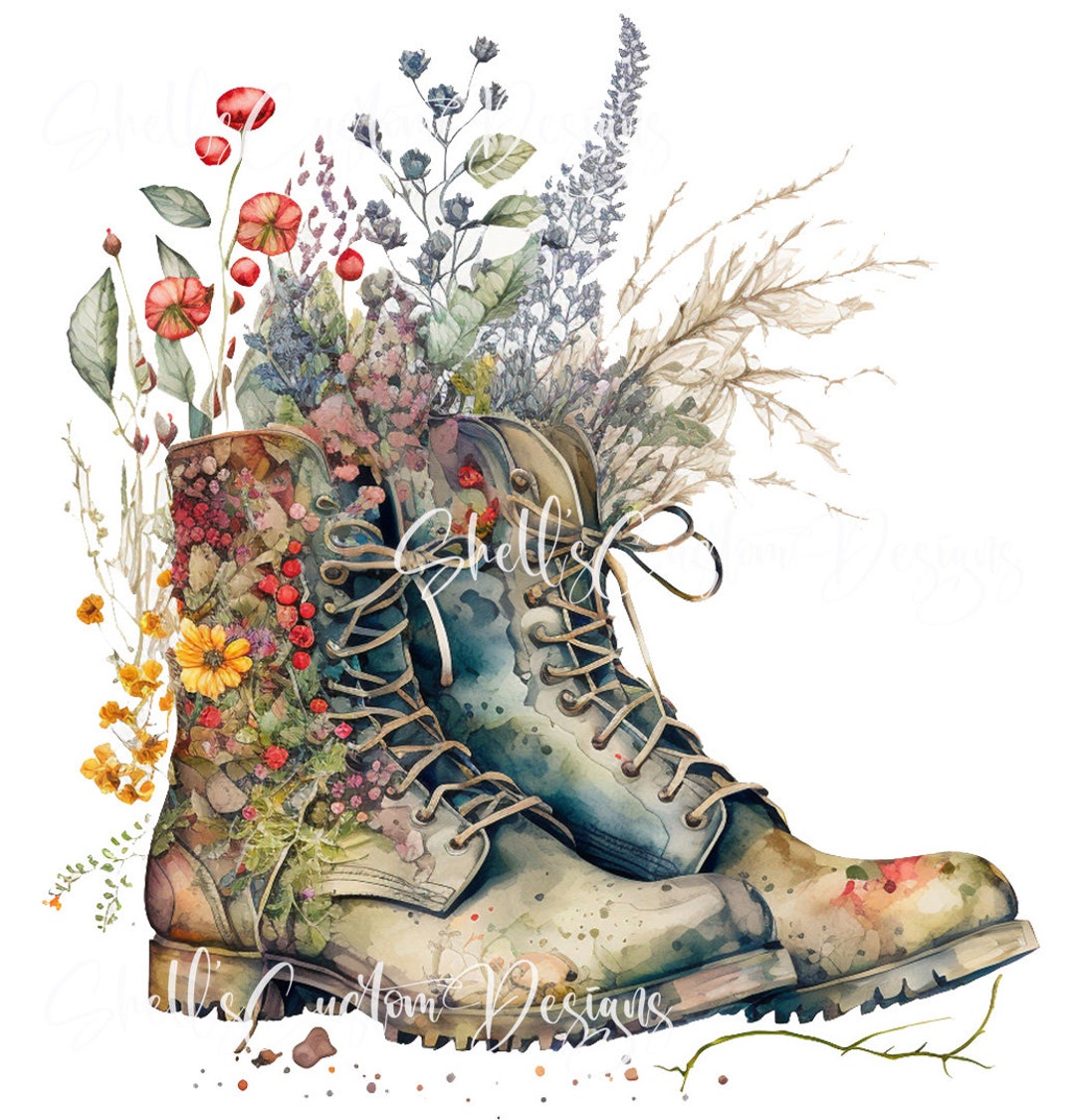 Spring Work Garden Boot's Filled With Flowers Printed Decal - Etsy