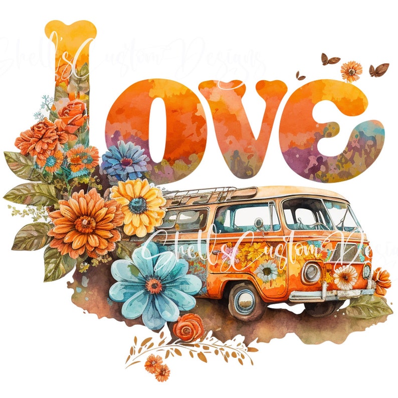 Printed Decal Love Retro Bus Floral - Etsy