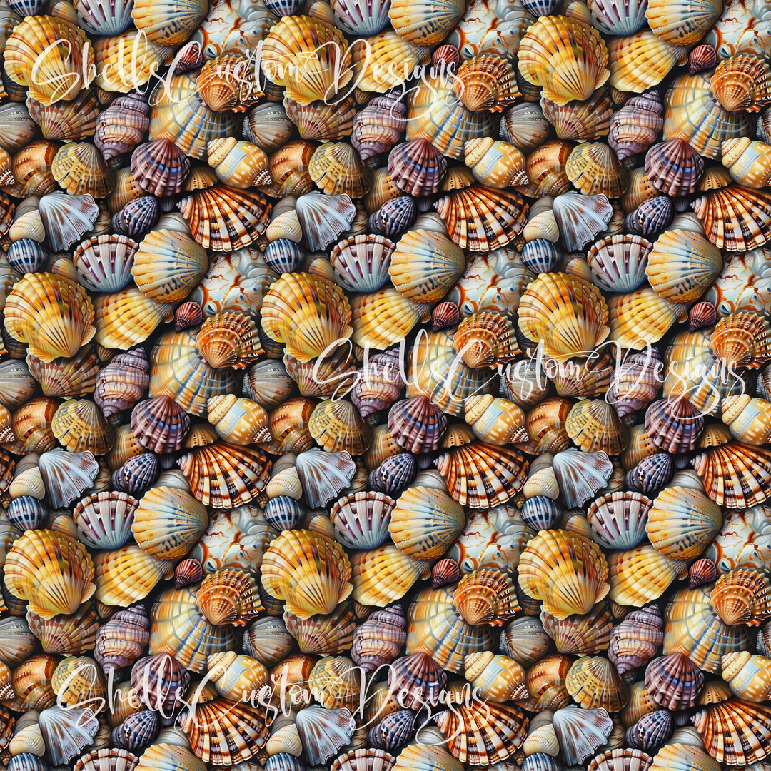 12x12 Printed Vinyl Ocean Seashells Sea Shells Gold Yellow Brown White ...