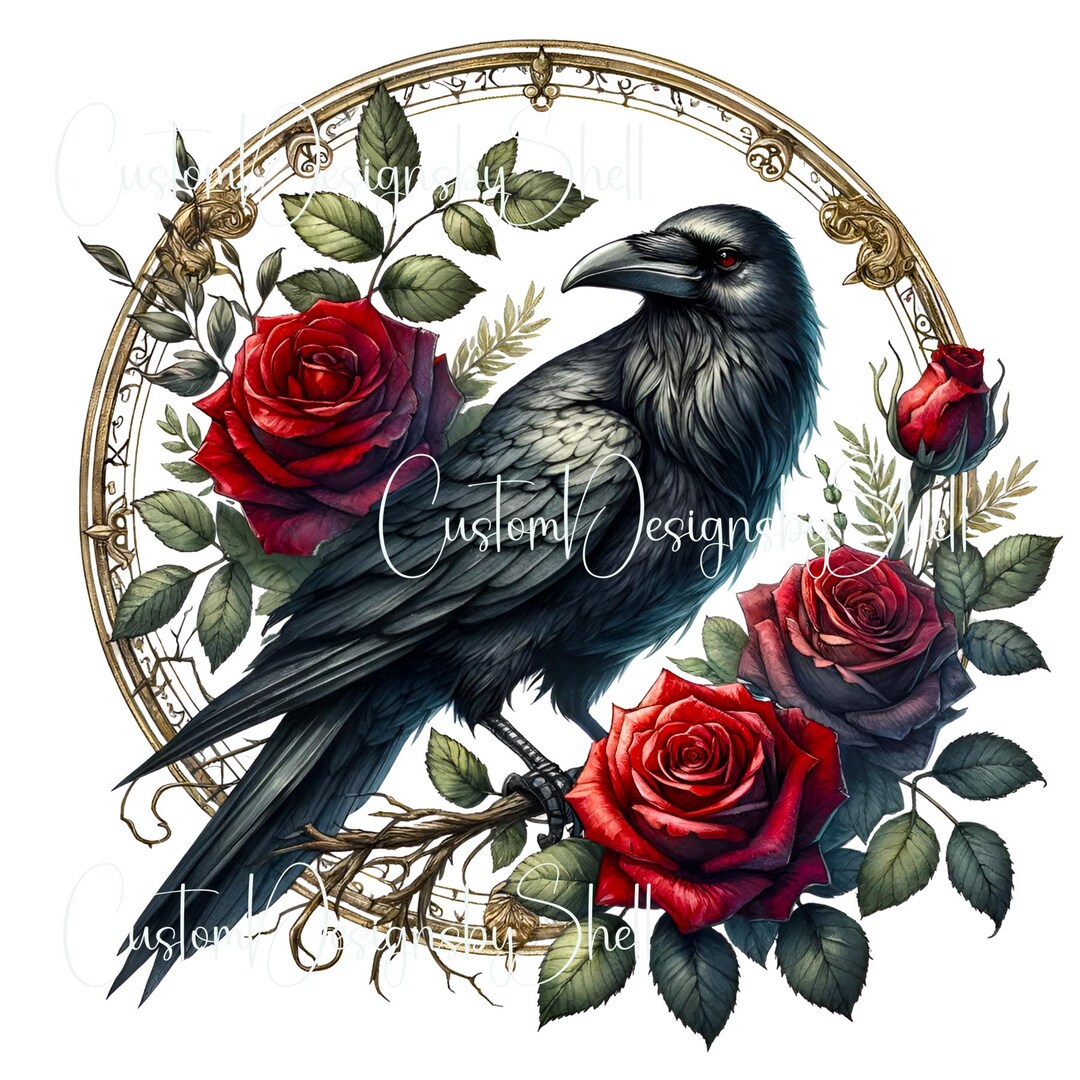 Printed Vinyl Decal Sticker Crow Roses Vines Wreath Black Red Green - Etsy