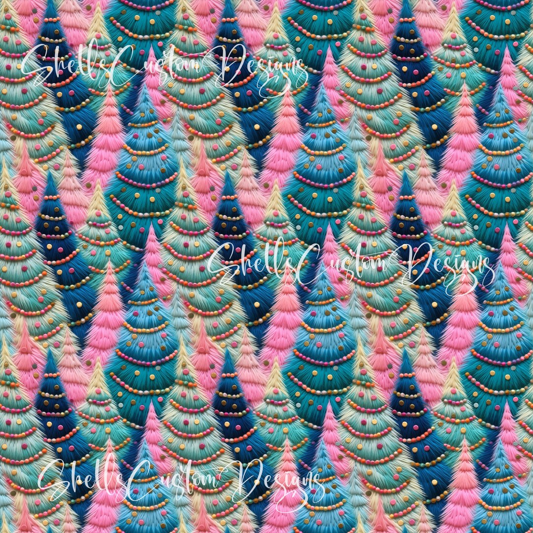 12x12 Printed Vinyl Christmas Trees Pine Winter Pink Teal Blue Green ...