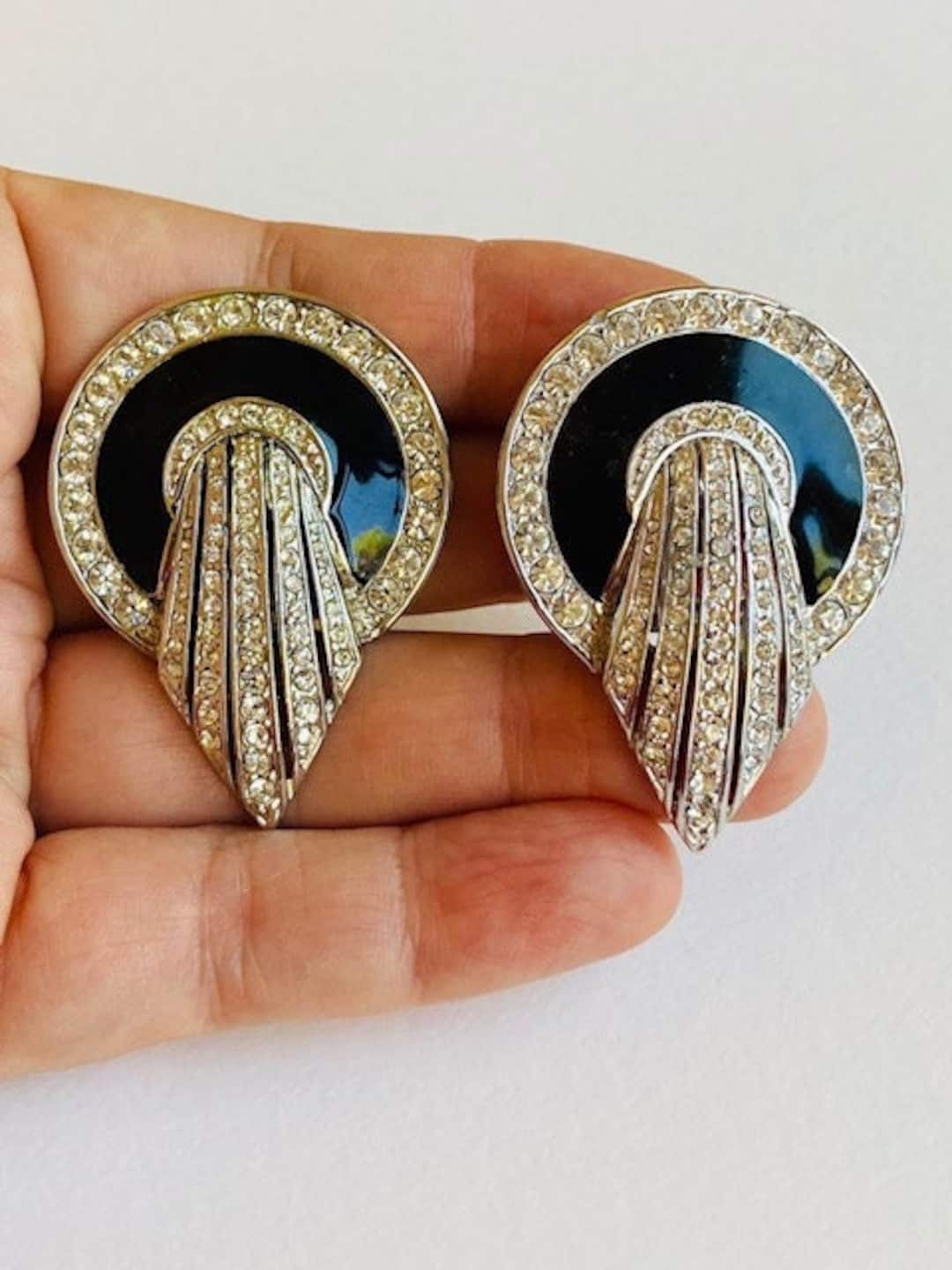 Rare Vintage Collectible Signed art Deco/89 Large Sparkling Earrings Clips With Enamel and ...