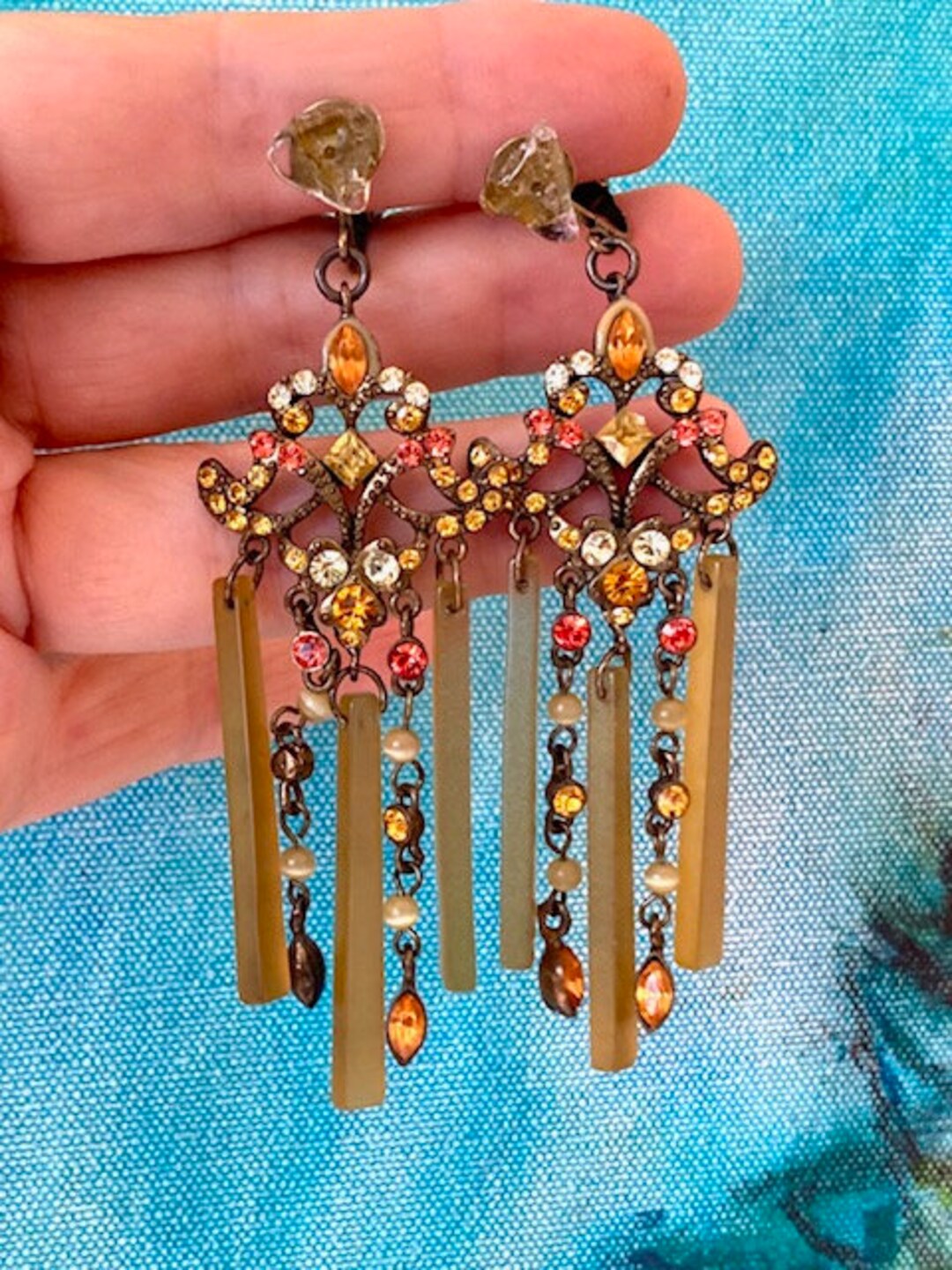 Elegant Long Sparkling Rare Vintage Chandelery Clip-on Earrings Early ...