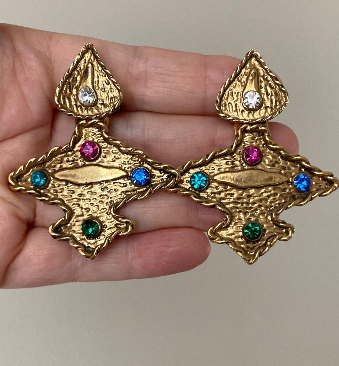 Vintage 60s Old Gold Massive Large Drop Clip-on Earrings Multicolored ...