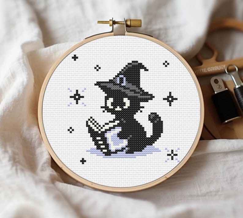 Witch Cat Cross Stitch Pattern PDF - Cute Halloween Witchy Small Cat ...