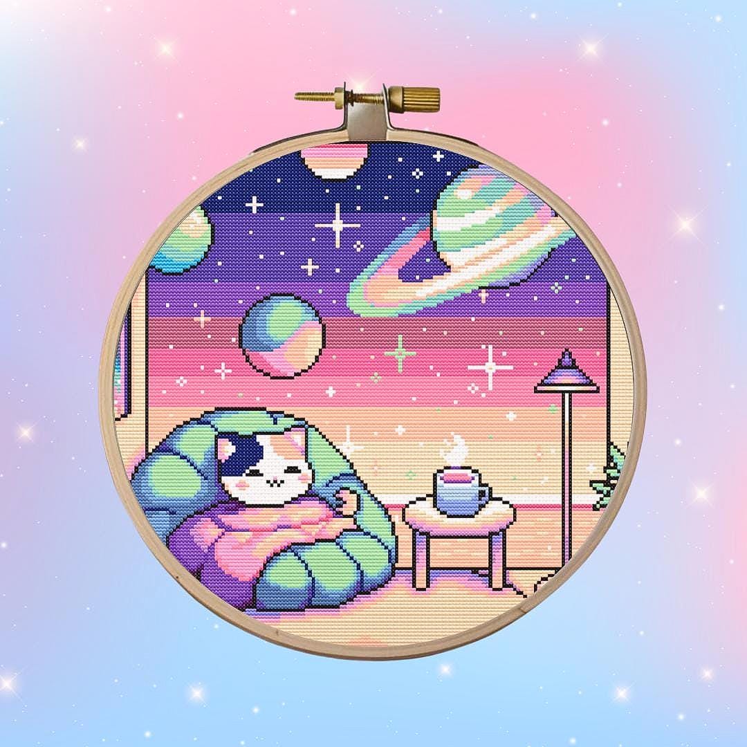 Galactic Cat Cross Stitch Pattern PDF - Cozy Cat Enjoying Sunset in ...