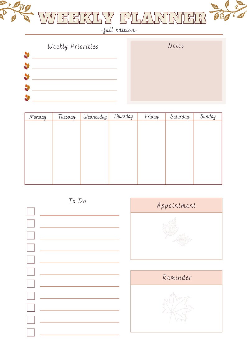 Weekly Printable Planner, Weekly to Do List, Fall Planner, Autumn ...