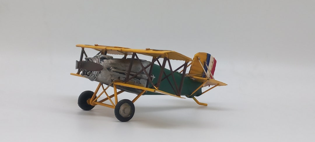 Handmade Metal Biplane Model, Vintage Style, Yellow Green, Rustic Decor ...